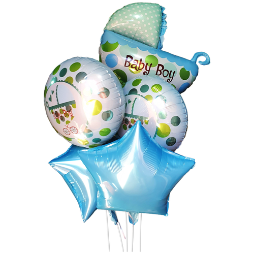 Фонтан из шаров на рождение мальчика 5шт. Коляска / Набор фольгированных воздушных шаров / Воздушные шары