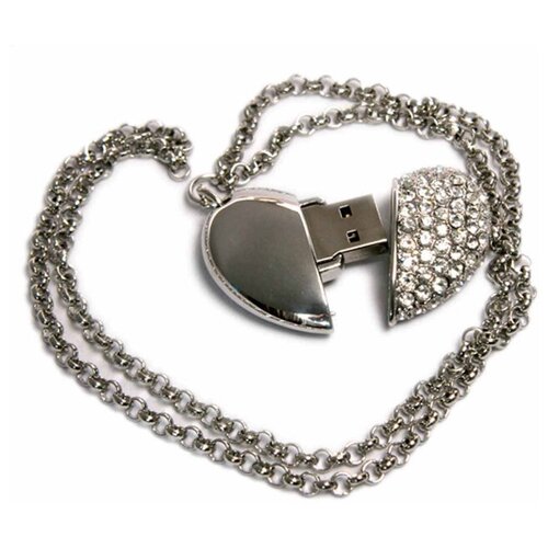 Металлическая флешка с кристаллами "Сердце" (64 Гб / GB USB 2.0 Серебро/Silver HEART Подарок к 14 февраля для девушки)