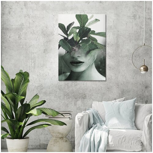 Интерьерная картина на холсте / картина на стену - Девушка с зелеными листьями на голове 20х30