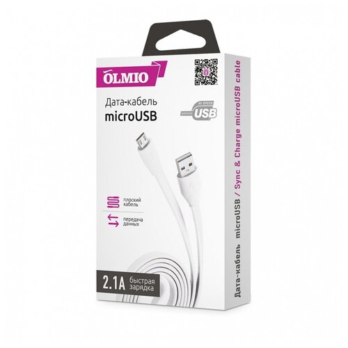 Кабель Partner/Olmio USB to microUSB 1m 2.1A плоский белый