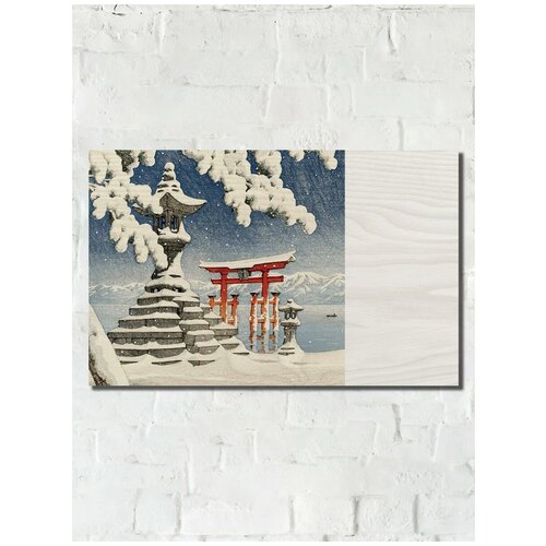 Картина интерьерная на дереве японская живопись (укиэ - ё, зима, пагода) - 837