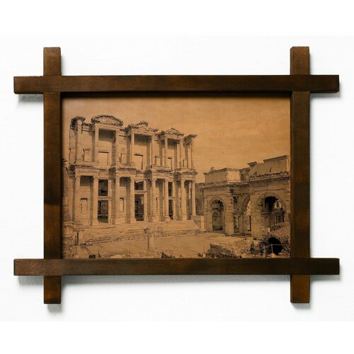 Картина Александрийская библиотека, гравировка на натуральной коже, интерьерная для украшения и декора на стену в деревянной раме, подарок, BoomGift