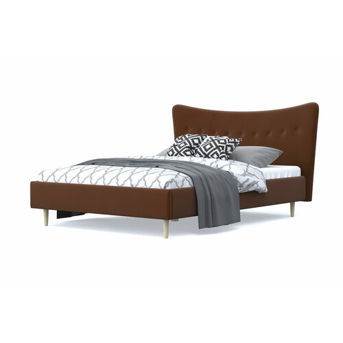 Двуспальная кровать финна 180х200, с мягким изголовьем, коричневый, велюр, деревянная, на ножках