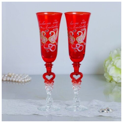 Набор свадебных бокалов «Совет да любовь», с сердцем на ножке, красный 2882232