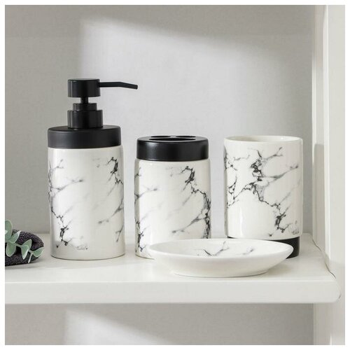 Набор аксессуаров для ванной комнаты «Мраморный металл», 4 предмета (мыльница, дозатор 400 мл, два стакана), цвет белый