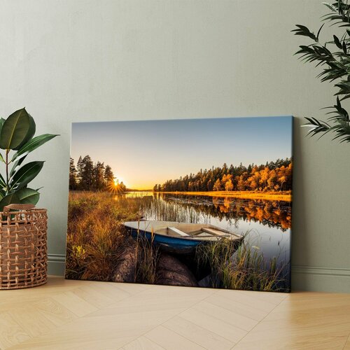 Картина на холсте (Осень озеро лодка, Карелия пейзаж) 40x60 см. Интерьерная, на стену.