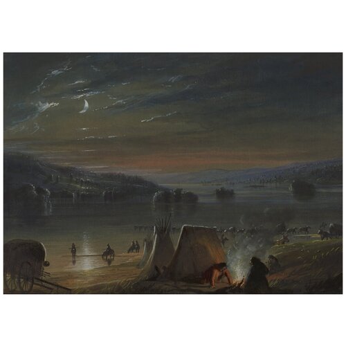 Репродукция на холсте Пересекая реку: лунный свет Миллер Альфред Джейкоб 42см. x 30см.