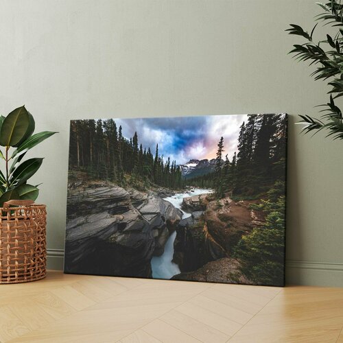 Картина на холсте (Природа горы лес река, живая природа Канады, Mistaya Canyon) 40x60 см. Интерьерная, на стену.