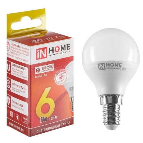 Лампа светодиодная IN HOME, Е14, G45, 6 Вт, 540 Лм, 3000 К, теплый белый 4407622