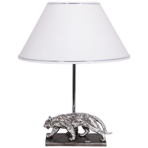 Настольная лампа Bogacho Тигр серебряная с белым абажуром из искусственной кожи
