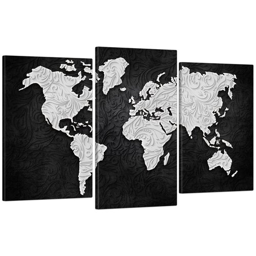 Модульная картина на стену, для интерьера "Карта мира с черно_белым узором" 53x100 см
