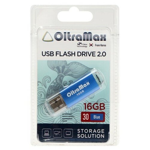 Флешка OltraMax 30, 16 Гб, USB2.0, чт до 15 Мб/с, зап до 8 Мб/с, синяя 9441543