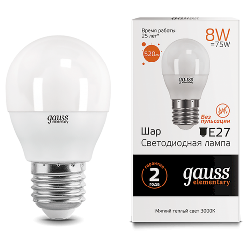 Лампа светодиодная gauss 53218, E27, G45, 8 Вт, 3000 К