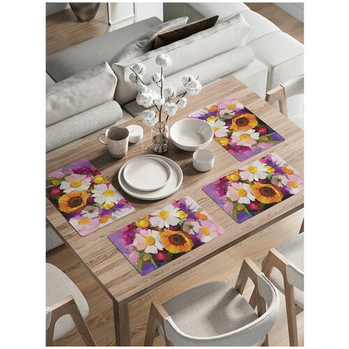 Комплект тканевых салфеток, плейсматов JoyArty с закругленными краями с рисунком "Нежный натюрморт цветов" для сервировки стола 46x30 см, 4шт.