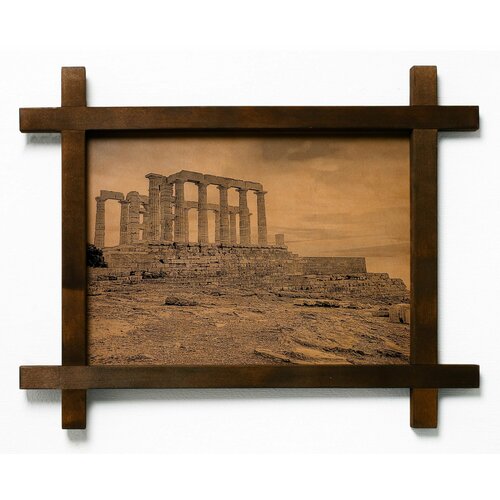 Картина Храм Посейдона, Греция, гравировка на натуральной коже, интерьерная для украшения и декора на стену в деревянной раме, подарок, BoomGift