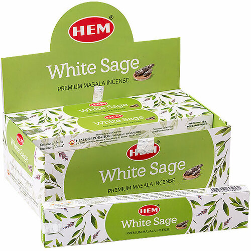 WHITE SAGE Premium Masala Incense, Hem (белый шалфей премиум масала благовония палочки, Хем), уп. 15 г.