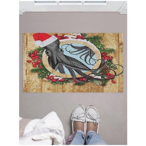 Придверный коврик в прихожую JoyArty "Осьминог в рождественском венке" для обуви, на резиновой основе, 75x45 см