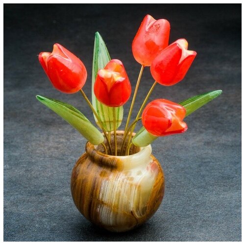 Сувенир «Тюльпаны в вазе», 5 цветков, малая, 9×12 см, селенит, оникс