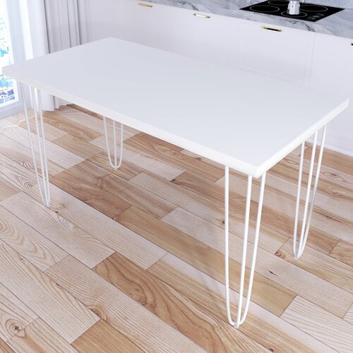 Стол кухонный Loft со столешницей белого цвета из массива сосны 40 мм и белыми металлическими ножками-шпильками, 130х60х75 см