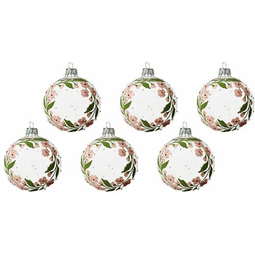 Стеклянные ёлочные шары розовые незабудки, прозрачные, 8 см (упаковка 6 шт.), Kaemingk (Decoris) 138013