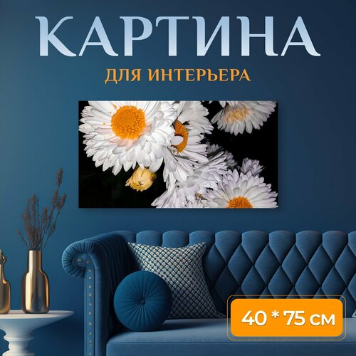Картина на холсте "Белый и оранжевый цветок, цветок в ночи, обои цветок" на подрамнике 75х40 см. для интерьера