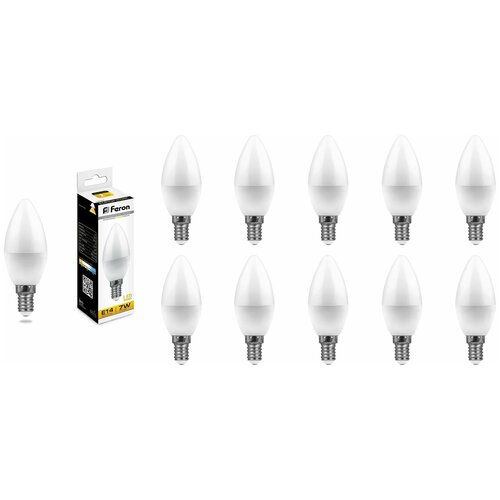 Лампочка светодиодная Feron 7W=70W 230V E14 Свеча C37 560Лм Ra>80 2700К, упаковка 10шт.