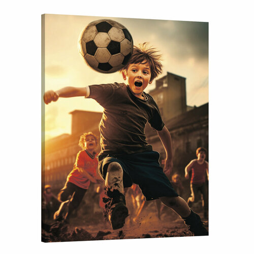 Интерьерная картина 50х70 "Мальчик и его футбол: картина для спортивных"