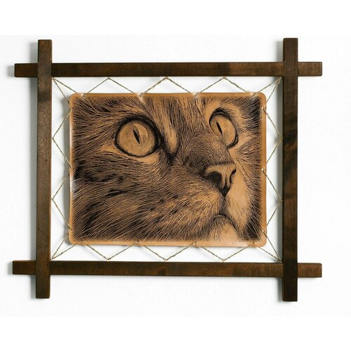 Картина "Кот", интерьерная для украшения и декора на стену кухни гостиной детской комнаты спальни в деревянной рамке, подарок, натуральная кожа, BoomGift