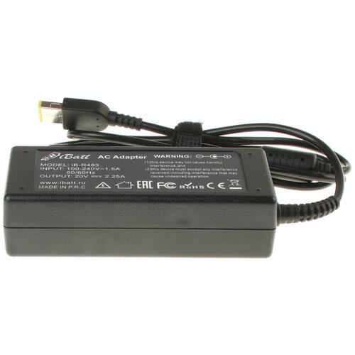 Блок питания iBatt iB-U1-R483 20V 2,25A, 45W, прямоугольный, pin для IBM-Lenovo G50-30, G50-45, Z50-70, ThinkPad X240, Z50-75, IdeaPad Yoga 11, ThinkPad X250, ThinkPad Helix, IdeaPad U330p, IdeaPad Flex 15, IdeaPad Flex 14, G40-30,