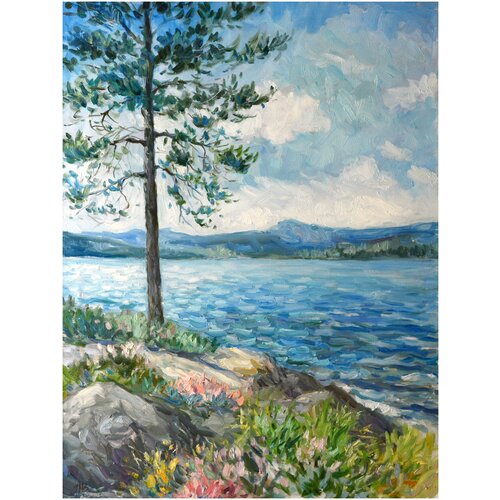 Интерьерная картина, пейзаж "Сосна на берегу озера" 65х50 см, холст/масло, авторская работа