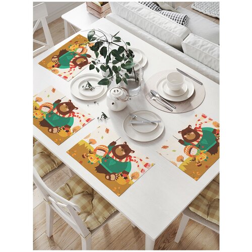 Салфетки на стол для сервировки прямоугольные, плейсмат JoyArty "Медведь и девочка под зонтом", 32x46 см, в комплекте 4шт.