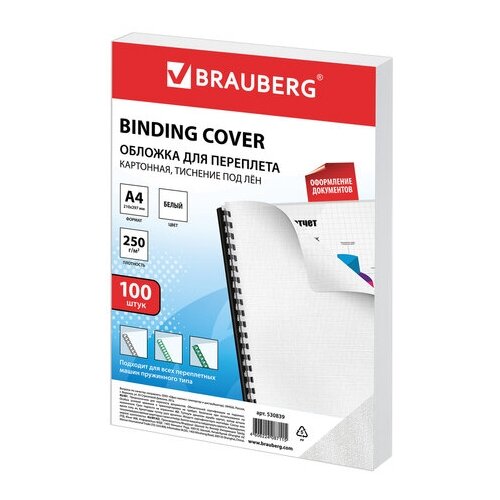 BRAUBERGдвухсторонняя для переплета A4 250 г/м², картон, тиснение под ленбелый100 шт.