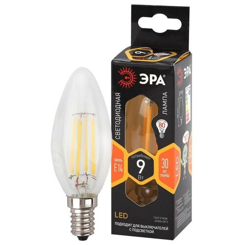 Лампа светодиодная филаментная F-LED B35-9w-827-E14 B35 9Вт свеча E14 тепл. бел. | код. Б0046991 | Эра (25шт. в упак.)