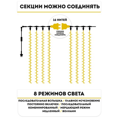 Гирлянда электрическая светодиодная 3х2 метра / Гирлянда штора занавес новогодняя