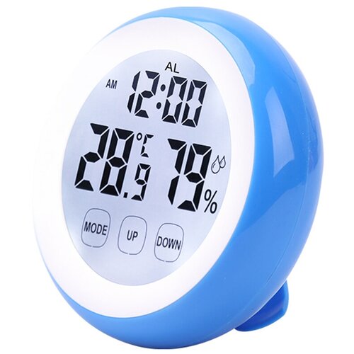 Термометр-гигрометр с часами и будильником, сенсорный, голубой