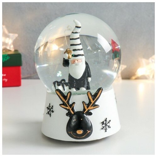 Стеклянный шар музыка "Дед Мороз в полосатом колпаке" 11,5х11,5х14 см