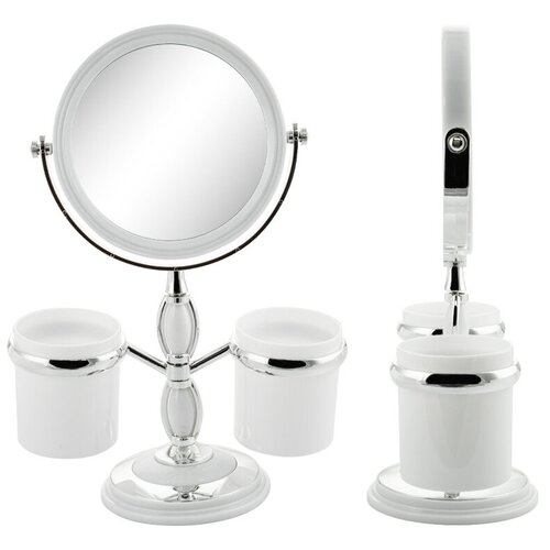 Зеркало косметическое санакс, настольное, с двумя стаканами для принадлежностей, хромированное