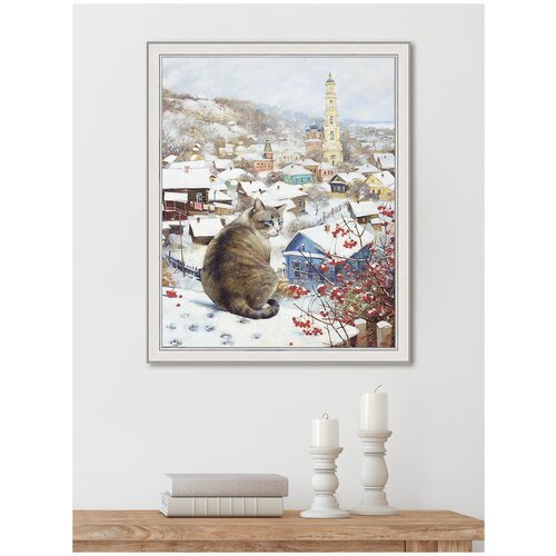 Картина постер на стену для интерьера "Городок", 47х57 см, на бумажном холсте, в раме, кот/Графис
