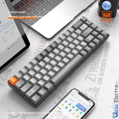 Клавиатура механическая беспроводная русская Free Wolf K68 Ultra Bluetooth+2.4G+Hot Swap игровая для компьютера ноутбука планшета Черн/Сер/Ор