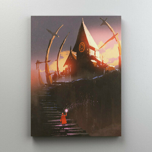 Интерьерная картина на холсте "Красная шапочка поднимается по лестнице к замку ведьм на закате" размер 30x40 см
