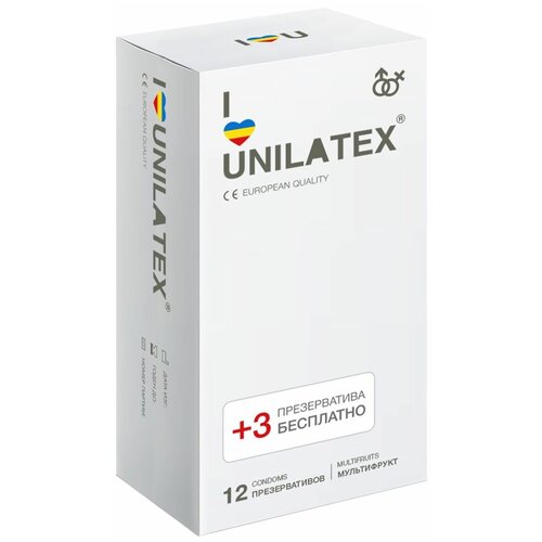 Разноцветные ароматизированные презервативы Unilatex Multifruit - 12 шт. + 3 шт. в подарок, 1 упаковка