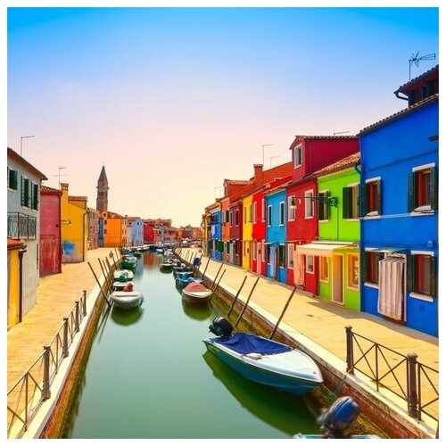 Постер на холсте Цветные дома, лодки и канал Венеции 30см. x 30см.