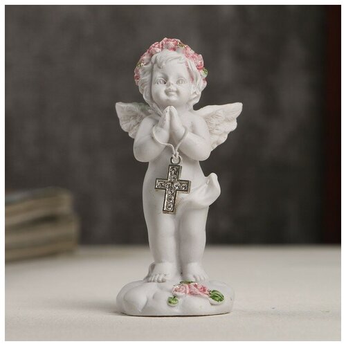 --- Сувенир полистоун "Белоснежный ангел в розовом веночке с крестиком" 8х3,5х3,8 см