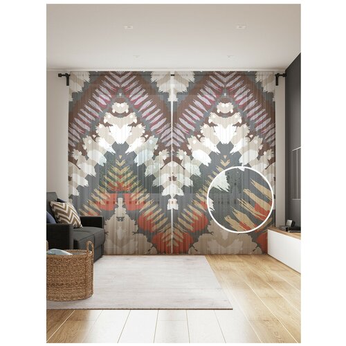 Тюль для кухни и спальни JoyArty "Геометрия красками", 2 полотна со шторной лентой шириной по 145 см, высота 265 см. Коричневый, бежевый, серый