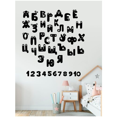 Наклейка на стену ' Детские буквы ', 85x90см. (весёлый алфавит, азбука, цифры, счёт)