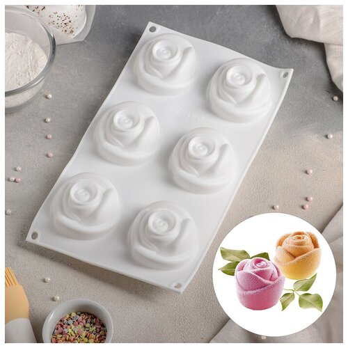 Форма силиконовая для муссовых десертов и выпечки Доляна «Розы», 30×17,5×5 см, 6 ячеек, 6,5×6,8 см, цвет белый