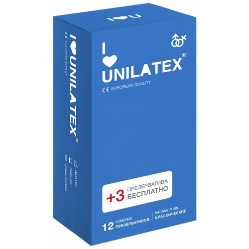 Презервативы классические, Unilatex Natural Plain, 12 шт + 3 шт в подарок