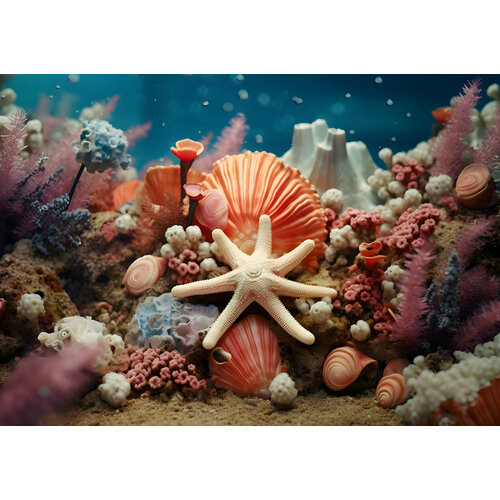 Постер - "Морская ракушка окружённая кораллами"на фотобумаге / А4 / в тубусе без рамы