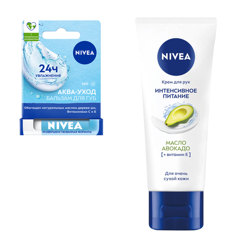 Набор Nivea: крем для рук Интенсивное питание, бальзам для губ Аква-уход