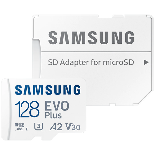 Карта памяти Samsung microSDXC 128 ГБ Class 10, V30, A2, UHS-I U3, R 130 МБ/с, адаптер на SD, 1 шт., белый/красный